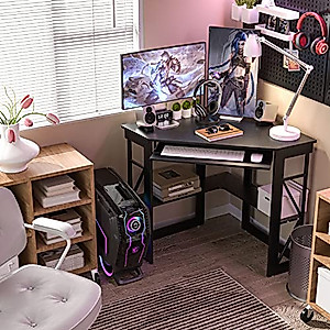 VECELO Corner Computer Desk 41 x 30 inches with Smooth Keyboard & Storage Shelves for Home Office Workstation, Black