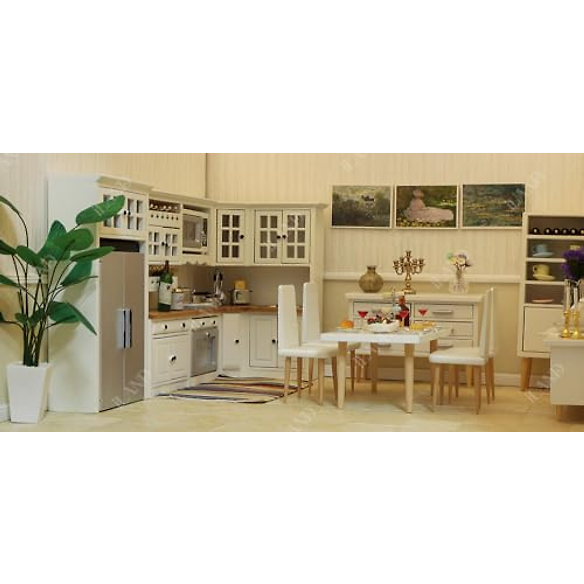 iLAND Dollhouse Kitchen, Modern Dollhouse Furniture Set on 1/12 Scale Wooden White to Store Miniature Food