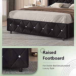 HOMBCK Queen Bed Frame with 4 Storage Drawers,Upholstered Bed Frame with Diamond Headboard and Footboard, Black Velvet Bed Frame with Wingback, Solid Wood Slats, Black