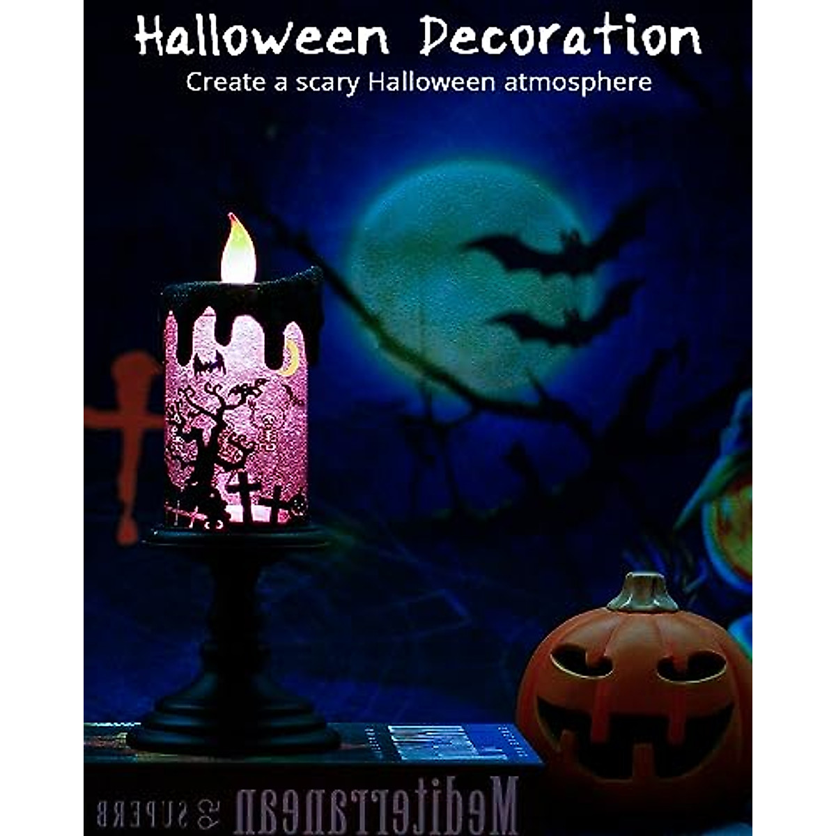 DERAYSION 10" Halloween Snow Globe Candle Lantern, Battery Operated Glittering Lighted Rotating Flameless Candles, 3 AA Battery-Powered Halloween Decoration Gifts for Friends, Loved Ones and Children