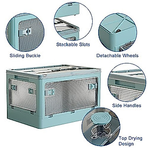 Storage Bins with Lids, Stackable Storage Bins for Closet Organizers and Storage, Collapsible Storage Bins with Wheels, Folding Storage Boxes, Plastic Storage Bins for Office, Home Storage (7.2Gal-1-Pack, Blue)