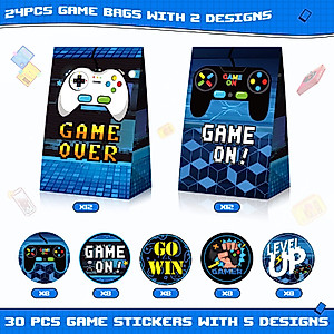 24 Pcs Game Gift Bag Video Game Party Supplies Gamer Party Favor Bags Gaming Theme Goodie Bags Candy Treat Bags with 30 Pcs Stickers for Themed Birthday Party Decorations