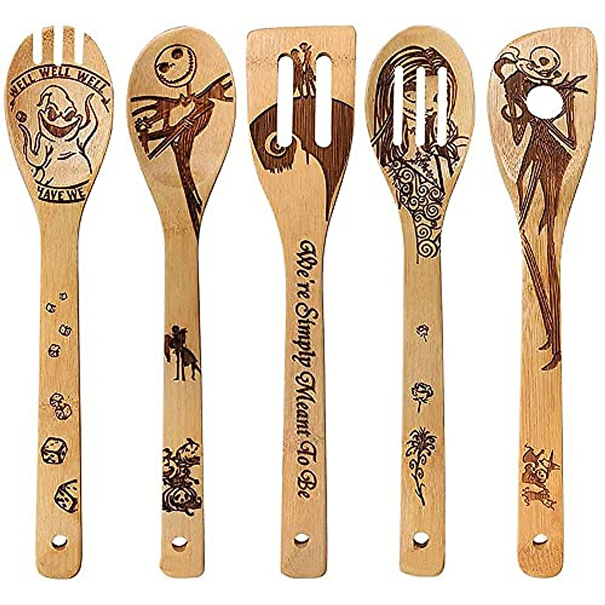 NARFIRE 5Pcs Halloween Bamboo Spatula Set Slick Halloween Print Kitchen Party Eco-Friendly Kitchenware
