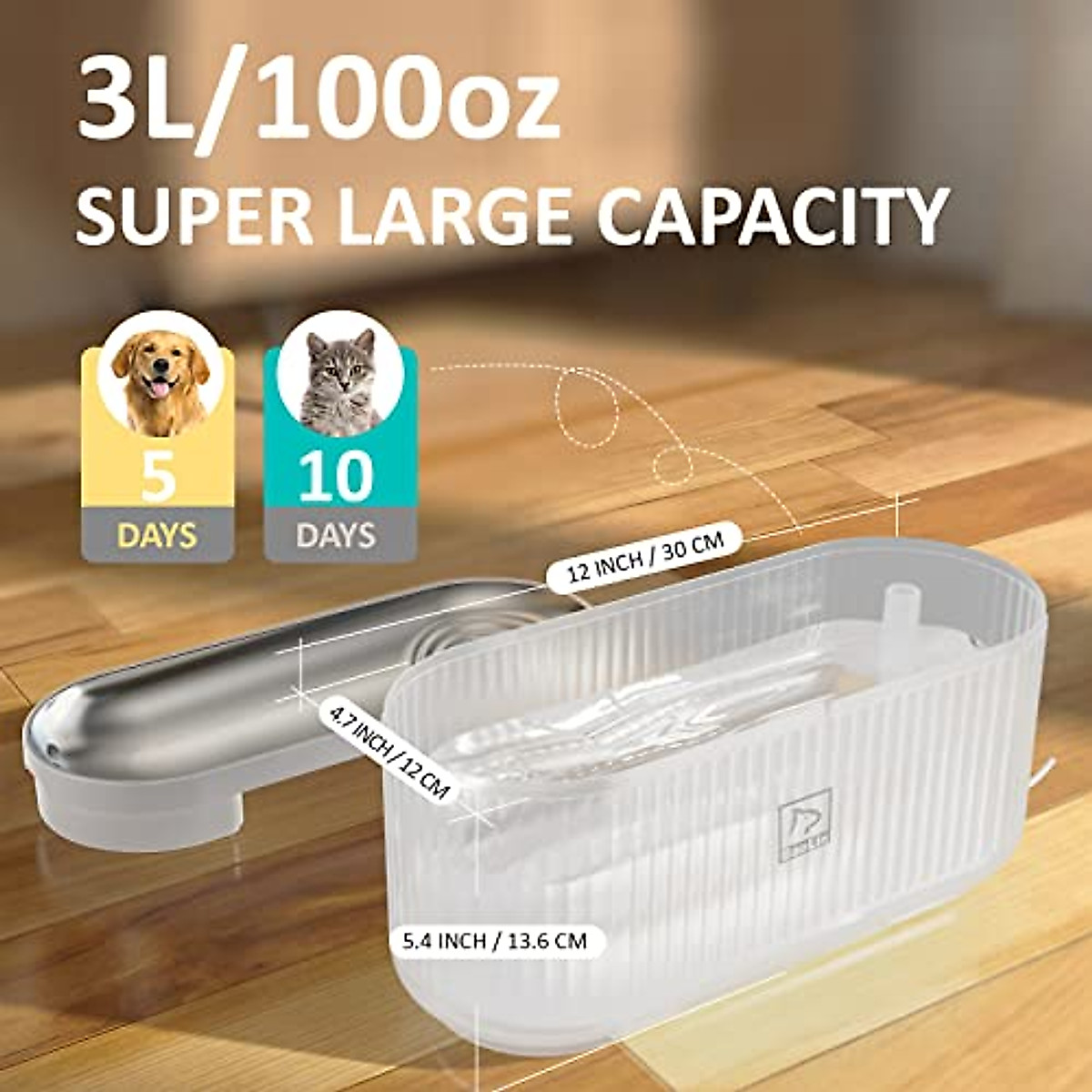 BaoLin Cat Water Fountain with Wireless Pump 3L/100oz, Ultra Quiet Pet Fountain with Stainless Steel Water Bowl, BPA-Free, Water Filter Included, Large Cat Drinking Fountain