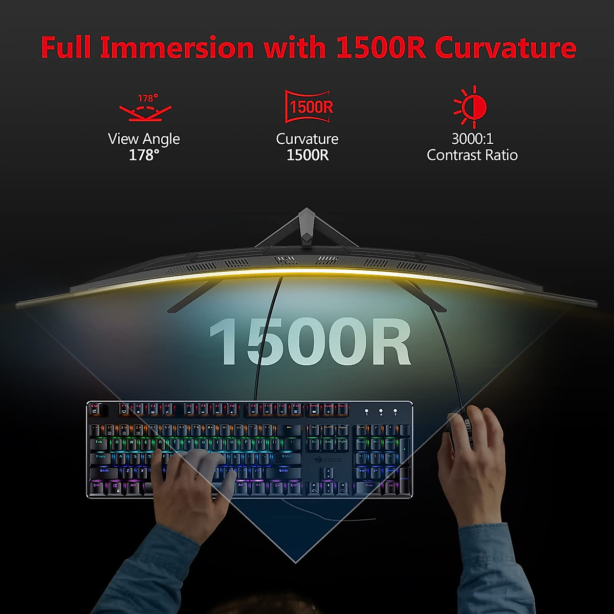 Z-Edge 32 inch Curved Gaming Monitor, 16:9 QHD 2K 2560x1440 165/144Hz 1ms Frameless LED Gaming Monitor, AMD Freesync Premium Display Port HDMI Built-in Speakers