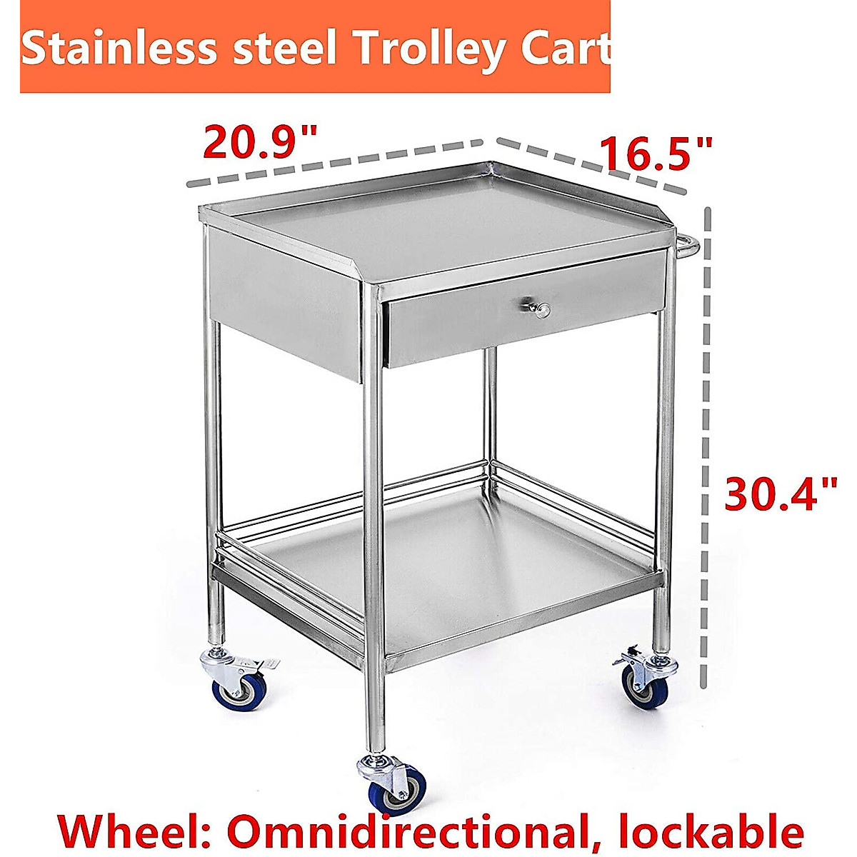 Lab Serving Cart, 2-Layer Utility Cart Stainless Steel with Wheels Rolling Cart, Commercial Wheel Dental Lab Cart Utility Services with Single Drawer and Silent Omnidirectional Lockable Wheel