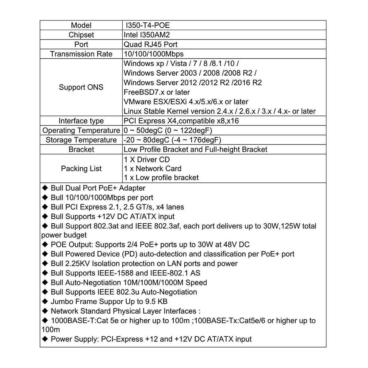Jeirdus NIC Gigabit - for Intel I350AM4 Chip Quad RJ45 PoE Ethernet Server Converged Network Adapter I350-T4, PCI Express 2.1 x4, Power Over Ethernet, Interface Card