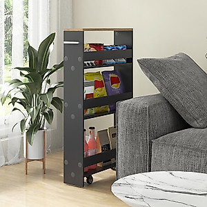 IFANNY Slim Storage Cart, 4-Tier Rolling Cart with Handle, Laundry Cart Between Washer and Dryer, Wood Spice Rack Next to Fridge, Narrow Shelving Unit for Kitchen, Bathroom, Small Spaces (Gray)