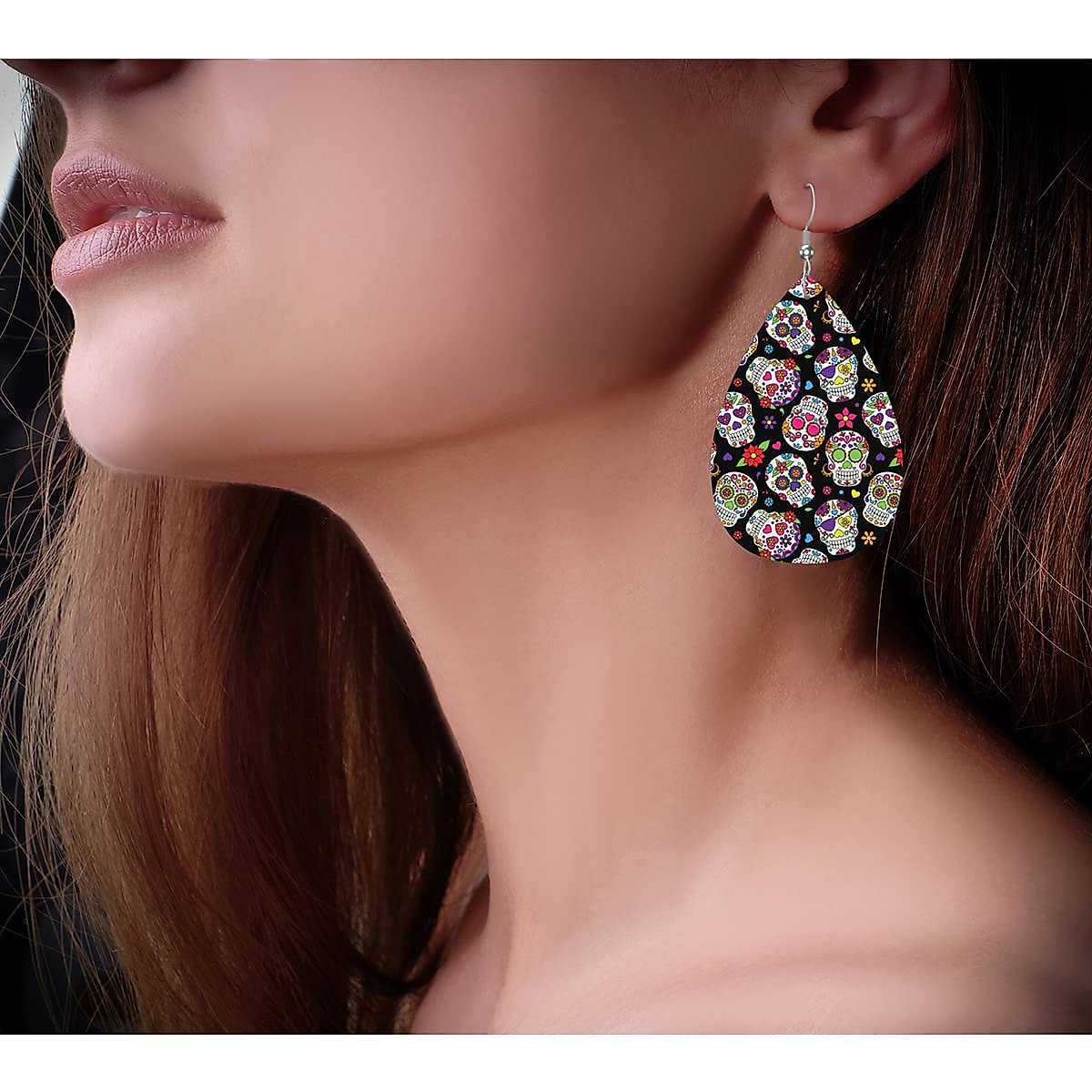 Zokola Day Of The Dead Leather Drop Earrings Set, Mexican Sugar Skull Flowers Black Lightweight Teardrop Earrings Leather Dangle Earrings For Women Friends Wedding Jewelry