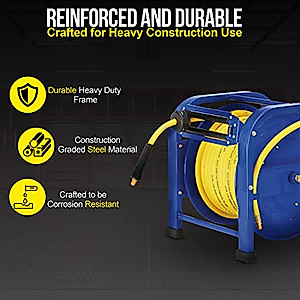 Goodyear Air Hose Reel Retractable 3/8" Inch x 100 Feet 300 Psi / 20 Bar Spring Driven Steel Elite Portable Quad Pod Heavy Duty Industrial Longest Premium Commercial Flex Hybrid Polymer
