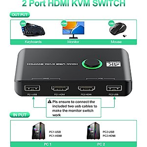 4K KVM Switch HDMI 2 Port Box, USB HDMI KVM Switches for 2 Computers Share Keyboard Mouse Printer and one HD Monitor, Support UHD 4K@60Hz, with 2 USB Cables and 2 HDMI Cables…