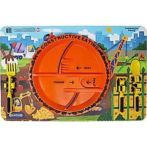 Constructive Eating Made in USA Toddler Dining Set: Kids Placemats for Dining Table with Construction Plate & Utensils, Perfect Toddler Boy Gifts or Toddler Girl Gifts for 2 Year Old, Toddler Forks and Spoons for Picky Eater