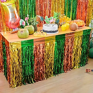 LOLStar Hawaiian Luau Party Decorations 2Pack Green Brown and Yellow Wavy Metallic Tinsel Foil Fringe Table Skirt for Rectangle and Round Table,Perfect Decor for Summer Beach Party Tropical Themed