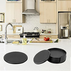 CARLWAY Set of 6 Leather Drink Coasters Round Cup Mat Pad for Home and Kitchen Use Black, 3.94"