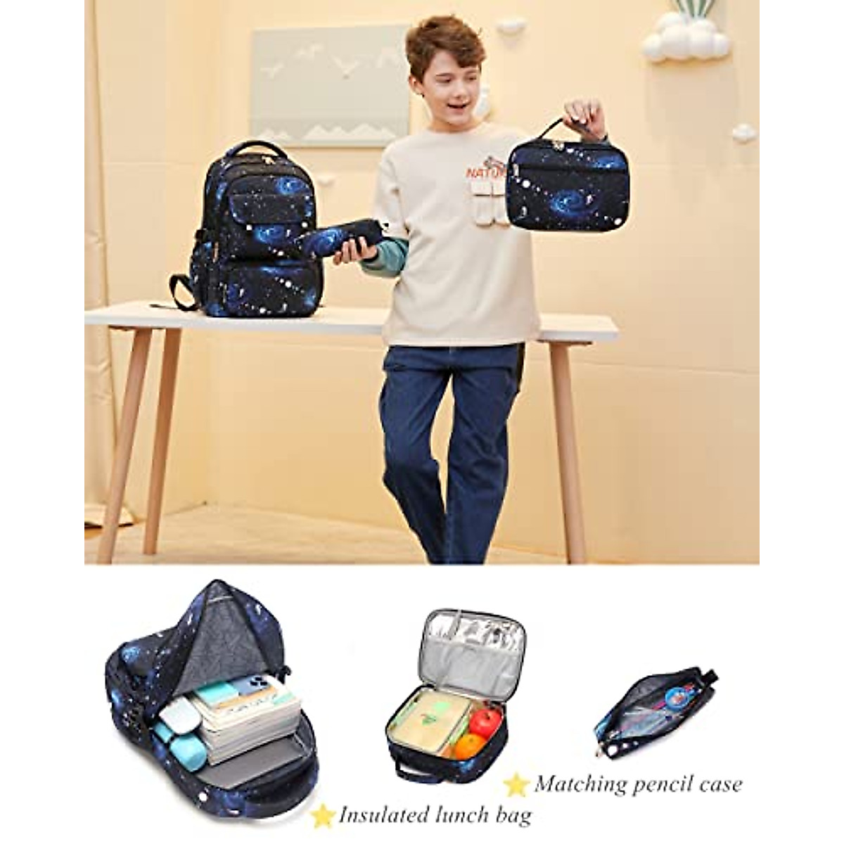 3Pcs Galaxy Childrens Backpacks for Boys, Capacity Elementary Primary School Bags Bookbags for Kids, with Insulated Lunch Bag