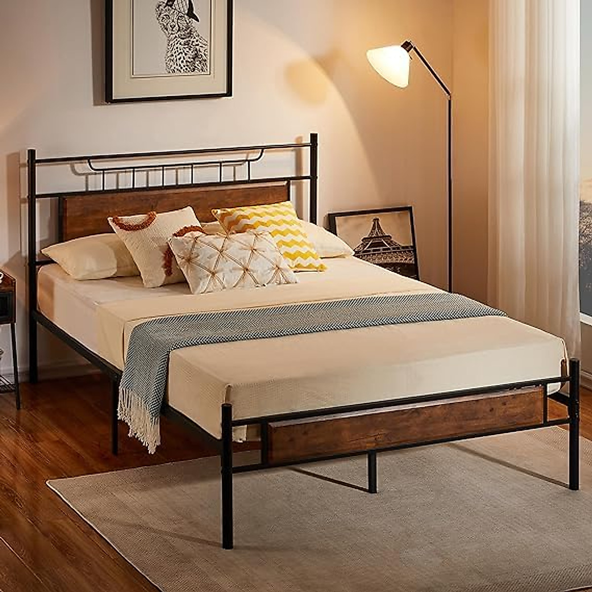 VECELO Queen Size Bed Frame with Wood Headboard, Strong Metal Slats Support for Platform,No Box Spring Needed,Easy Assembly,Rustic Brown