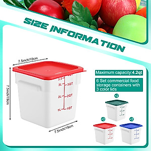 Ziliny 6 Pieces 4 Quart Commercial Food Storage Containers with Lid Translucent Container with 3 Color Lids for Freezer Flour Sugar Baking Bread Restaurant, Square