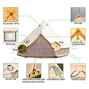 PlayDo 5M/16.4ft Waterproof Cotton Canvas Wall Tent Bell Yurt with Stove Flue Kit for 6-8 Person Camping Hiking Hunting Festival Party