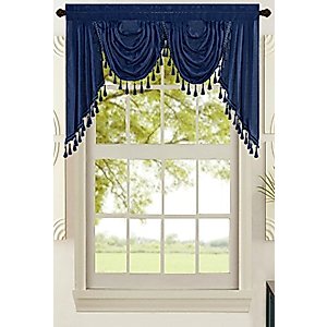 All American Collection New Attached Solid Faux Silk Double Waterfall Valance with Tails (55 inches x 32 inches, Navy Valance), full