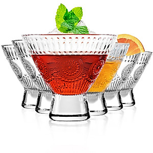 Wongblee 6Pcs Stemless Martini Glasses, 8.5oz Vintage Cocktail Glasses, Glass Dessert Cups for Home Bar, Restaurant, Party