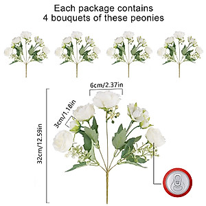 Artificial Peonies Silk Flowers, White Faux Peony Bouquet 4 Bundles Florals Arrangements Decor for Farmhouse Home Boho Wedding Table Centerpiece, Fake Plastic Flowers Bulk Vase Decoration (White)