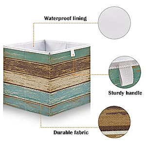 ALAZA Rustic Country Wooden Farmhouse 11 Inch Cube Storage Bin Organizer Foldable Basket for Closet Cabinet Shelf Office