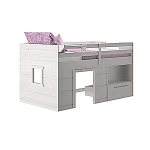 Max & Lily Modern Farmhouse Low Loft Bed, Twin Bed Frame For Kids With 1 Drawer, White Wash