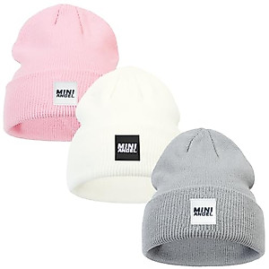 Mini angel Baby Beanie Knit Warm Winter Hat 6-36 Months Cute Beanies Soft Cuffed Hat for Infant Toddler Boys Girls 3 Pack (White+Pink+Grey,S)