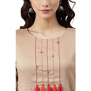 Janasya Indian Women's Tunic Tops Poly Silk Kurti for Women(JNE2305-KR-533-M) Brown