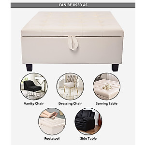 Charlotte 35 Inch Large Square Storage Ottoman Cube Bench, Tufted Upholstered Lift Top Coffee Table Ottoman with Storage, Oversized Dorm Storage Ottomans, Toy Box, Footrest for Living Room - Cream