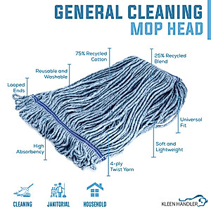 KLEEN HANDLER Bulk Pack of 6 HEAVY DUTY Commercial Mop Head Replacement, Wet Industrial Cotton Looped End String Cleaning Mop Head Refill, Blue Mop