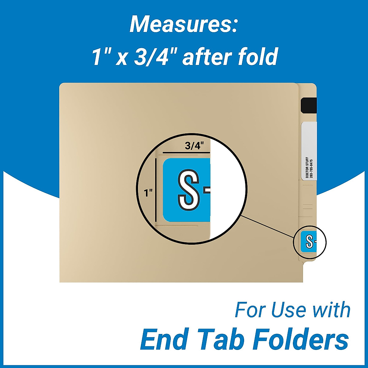 Doctor Stuff - File Folder Labels, Alphabet Letter S, Barkley/Sycom FABKM - BXAM Series Compatible Alpha Stickers, Blue, 1" x 1-1/2", 500/Roll