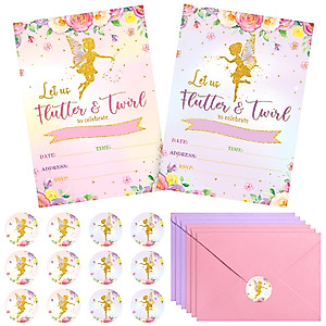 Chuangdi 24 Piece Flower Fairy Birthday Party Invitation Set with Envelope and Stickers