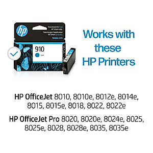 HP 910 Cyan Ink Cartridge | Works with HP OfficeJet 8010, 8020 Series, HP OfficeJet Pro 8020, 8030 Series | Eligible for Instant Ink | 3YL58AN