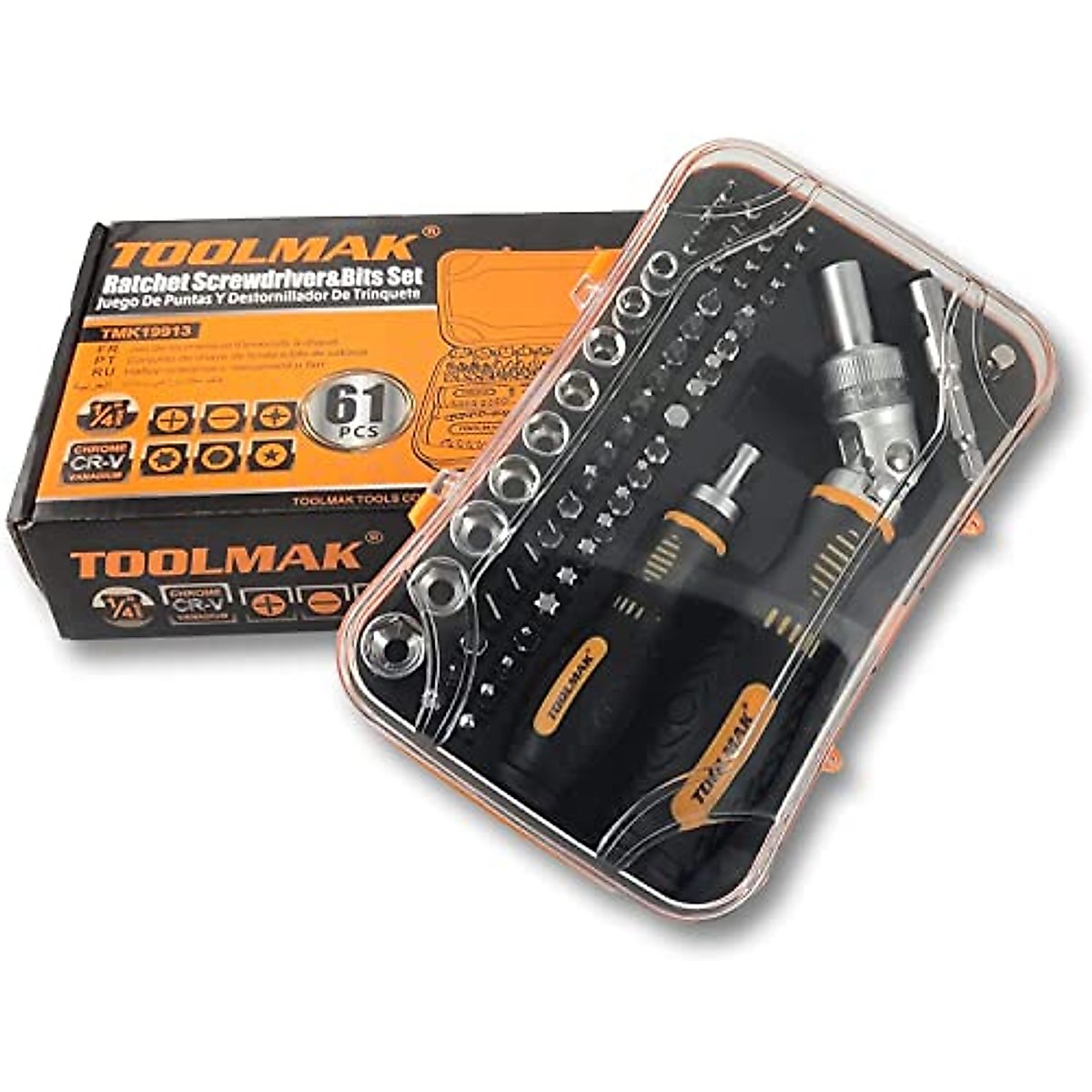 Ratcheting Screwdriver Set TOOLMAK 61pcs Socket Set & Screwdriver Bit Set with Rotatable Ratchet Handles ＆ Storage Case, Household Repair Tool Kits for Bike
