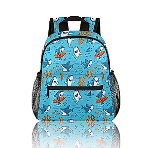 cfpolar Shark Kids Backpack for Boys, Ocean Sea Coral 12 Inches Blue Toddler Backpacks, Preschool Children Backpack Nursery Kindergarten Bookbag with Chest Strap