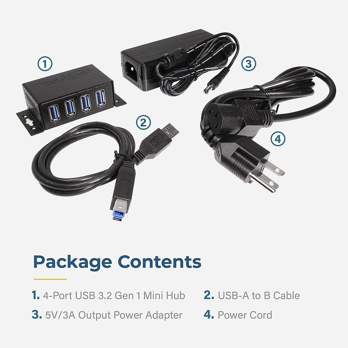 USB 3.2 Powered 4-Port Mini Hub, 5Gbps Fast Data Transfer with ESD & Surge Protection – Durable and Mountable USB Hub