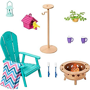 Barbie Furniture and Accessories, Doll House Decor Set with Backyard Patio, Bonfire, Birdfeeder and Birdhouse