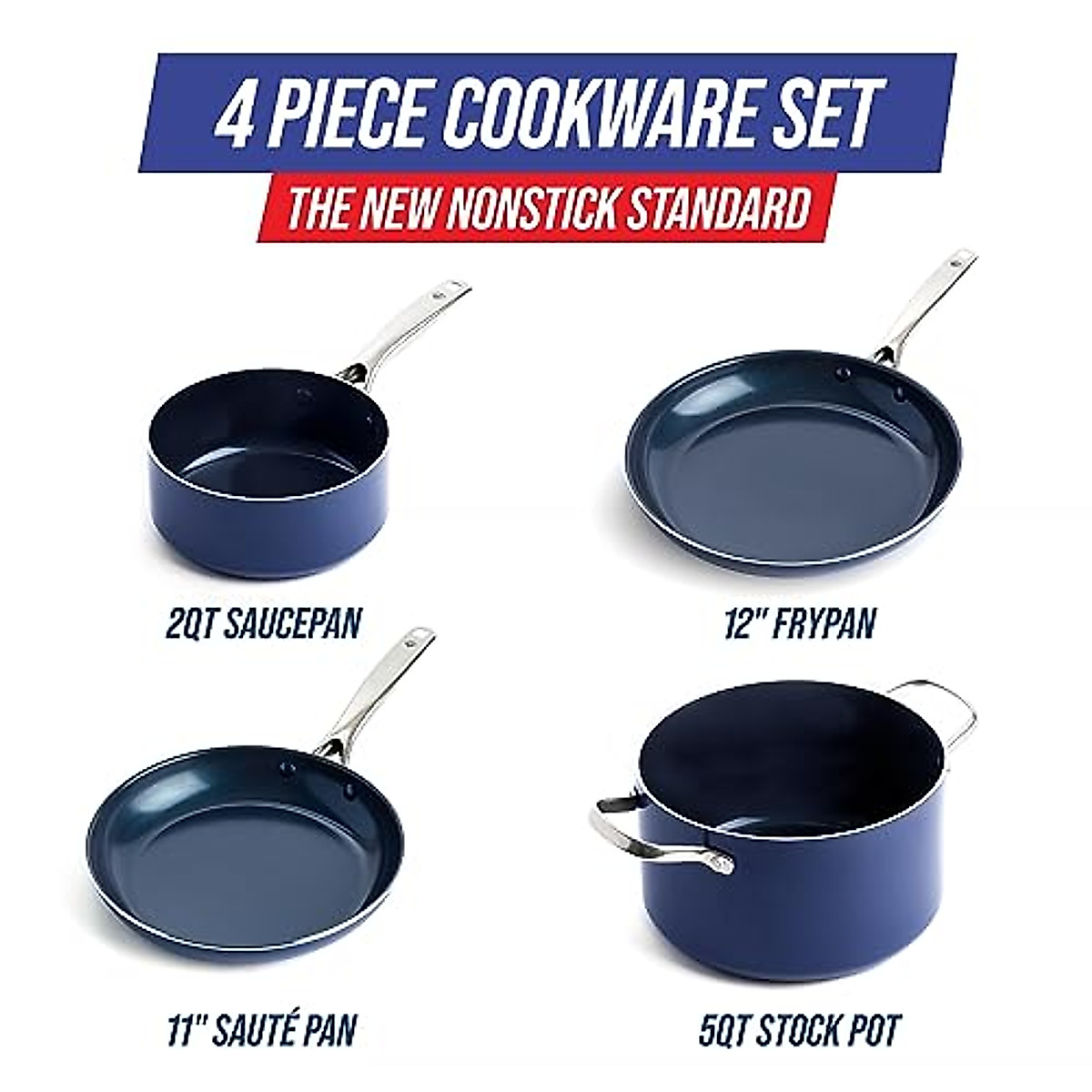 Blue Diamond Cookware Diamond Infused Ceramic Nonstick, 4 Piece Cookware Pots and Pans Set, PFAS Free, Dishwasher Safe, Oven Safe, Blue