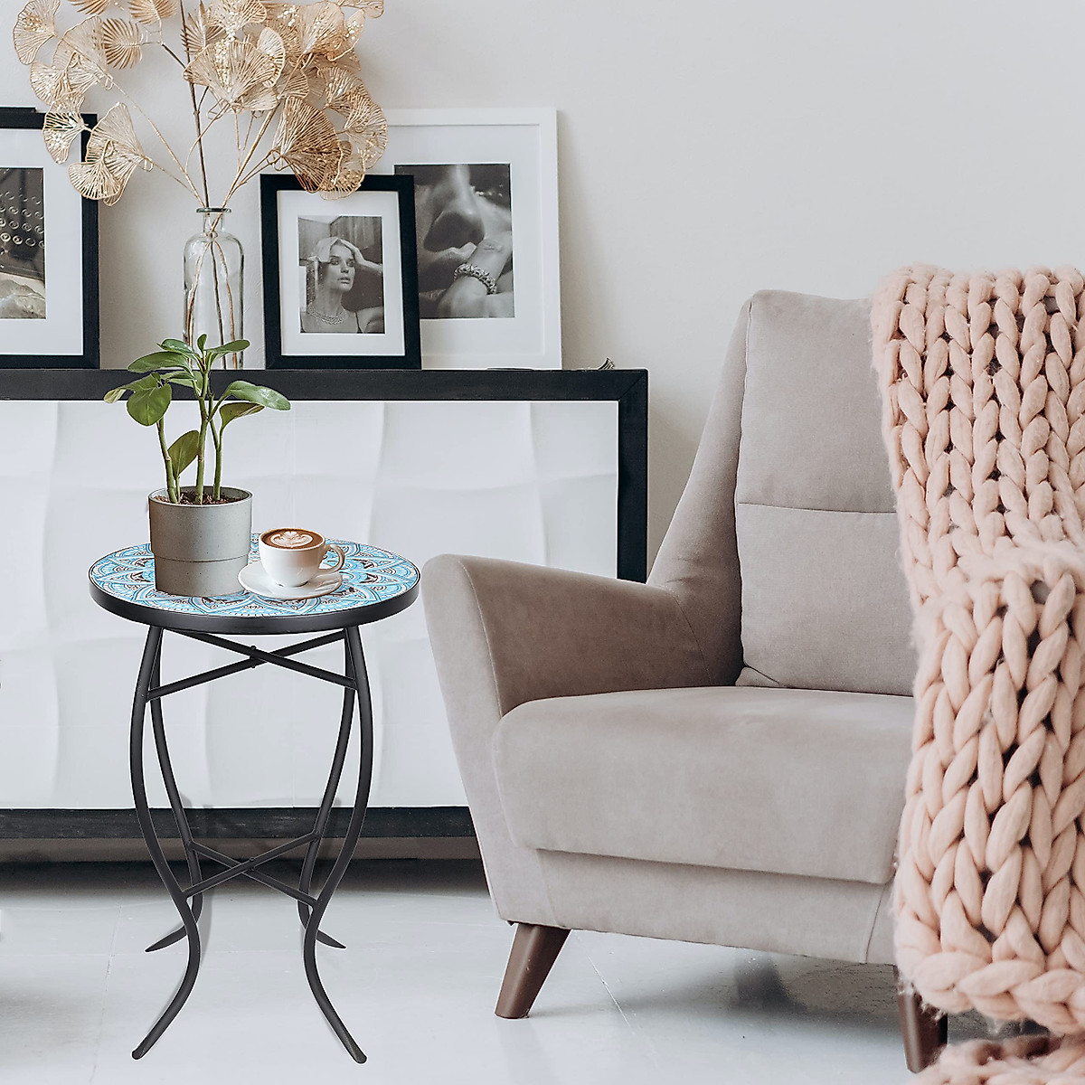 Vipush Mosaic Outdoor Side Table, 14" Round Folding End Table, Patio Accent Table Indoor Plant Stand for Living Room,Geramic Table Top Black Iron,Light Blue