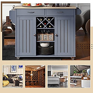 FEELLE Kitchen Island Cart Rolling Mobile Kitchen Island Cart with 2 Storage Cabinets and 4 Locking Wheels, Wine Racks, Drawers, Spice & Towel Rack for Dining Room, Blue