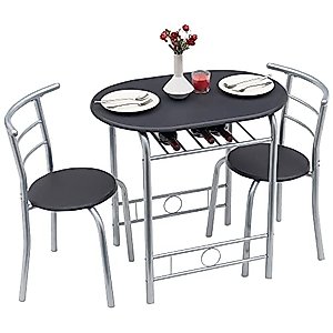 VECELO 3 Piece Small Round Dining Table Set for Kitchen Breakfast Nook, Wood Grain Tabletop with Wine Storage Rack, Save Space, 31.5", Black and Silver