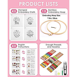 TINDTOP Embroidery Kit for Beginners, 4 Pack Cross Stitch Practice Kits for Beginners Include Embroidery Cloth Hoops Threads for Craft Lover Hand Stitch with Embroidery Skill Techniques