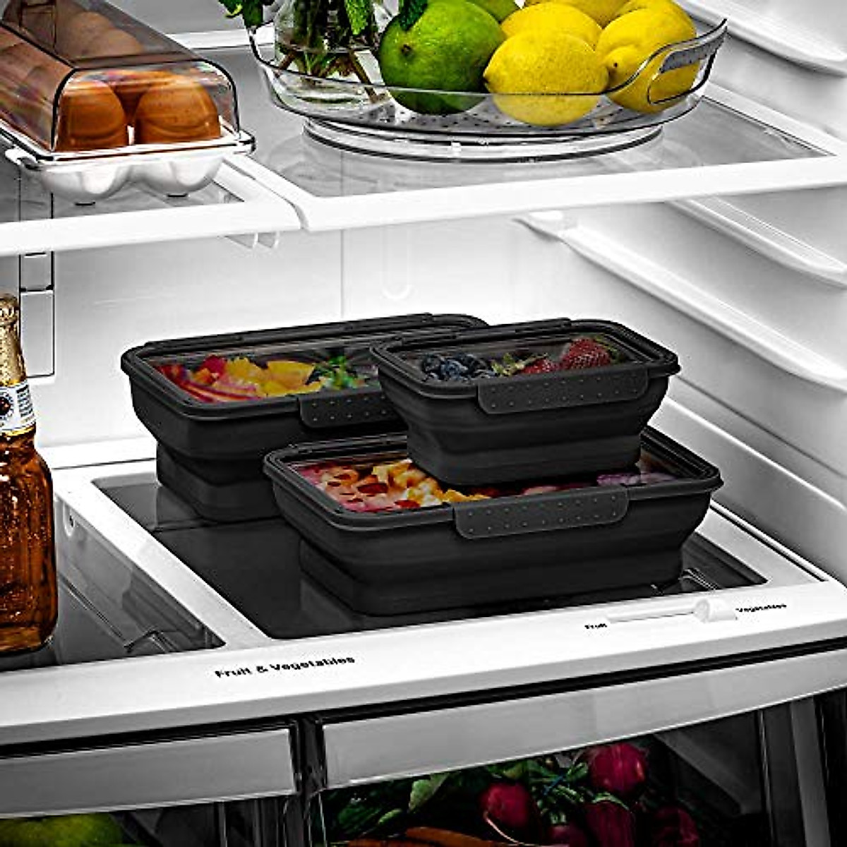 madesmart Lidware Collapsible Food Storage - FRIDGE & PANTRY COLLECTION Airtight, Food Safe, Collapsible, Dry-Erase Space For Labeling, Medium Shallow - Holds 4.83 Cups, Carbon