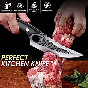 Huusk Viking Knife Caveman Knives - Hand Forged Meat Cleaver Sharp Boning Knife for Meat Cutting Japanese Knife with Sheath Trimming Butcher Knife for Kitchen & Outdoor Use