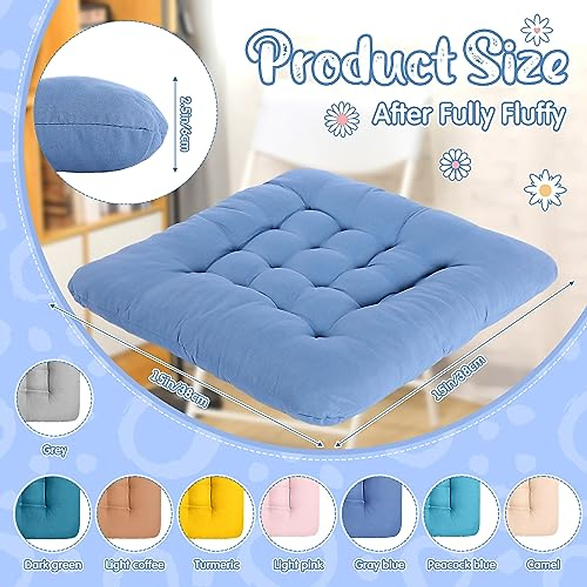 Barydat 8 Pcs Chair Cushions 15 x 15 Inch Dining Chair Pads with Ties Square Patio Thick Soft Chair Cushions for Outdoor Kitchen Patio Room Indoor Car Office, 8 Colors