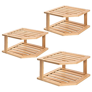VERTORGAN 2 Tier Bamboo Corner Shelf Set of 3,Dish Drying Rack,Plate Organizer,Spice Rack for Countertop ＆ Cabinet,Bathroom Counter Organizer,Kitchen Cabinet Organizer,Pantry Organization and Storage