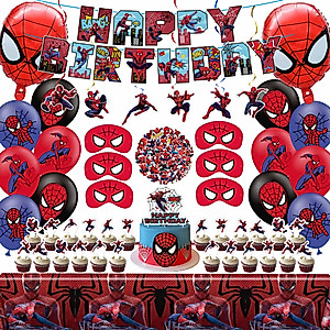 Spider Birthday Decorations, Spider Birthday Party Supplies Include Banner, Balloons, Spider Masks, Spider Stickers, Tablecloth and Backdrop for Girls Boys Birthday Party Decorations