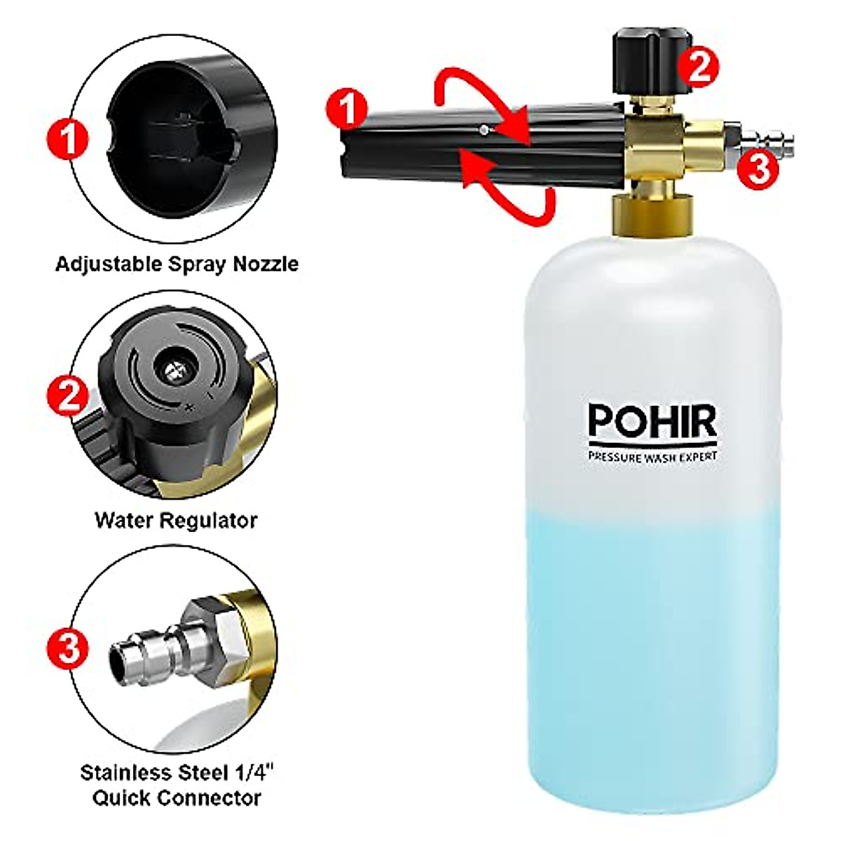 Pressure Washer Foam Gun Kit - Car Wash Short Wand with 1/4" Quick Connector, 3400 PSI Short Gun Foam Cannon + Microfiber Applicator & Sponge Mitts for Easy Cleaning 1 Liter