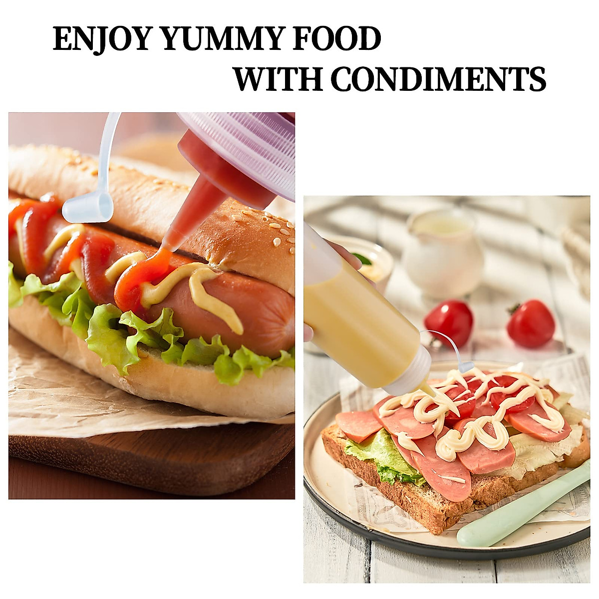 Squeeze Bottles for Sauces,16oz Plastic Bottles with Squeeze Top Set of 6 Refillable Clear Squeeze Bottle with Squirt Nozzle,Leakproof Lid and Measurements for Ketchup, Sauces, Cooking Oil, Syrup